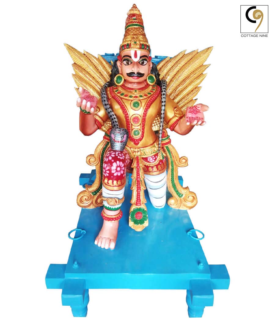 South Indian Wood Carving of Garuda Vahana in Traditional Colors