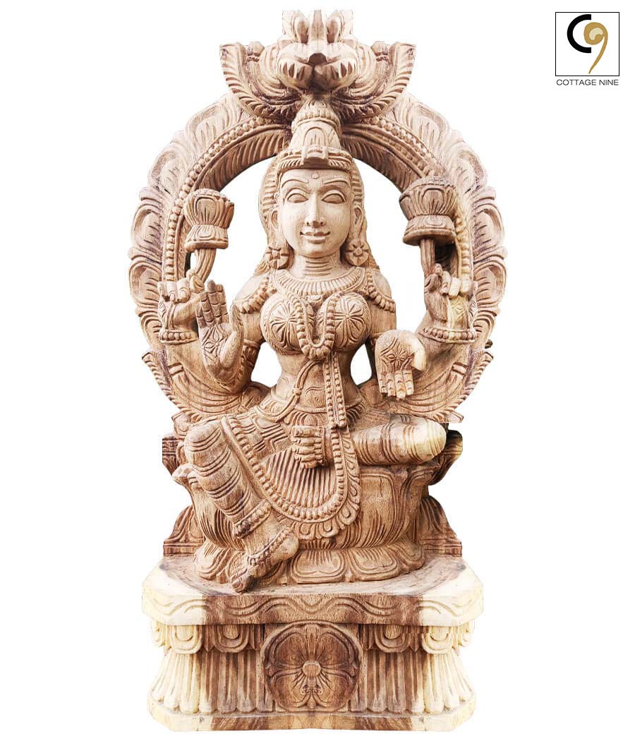 South Indian Style, Four-armed Idol of Devi Lakshmi Carved in Wood