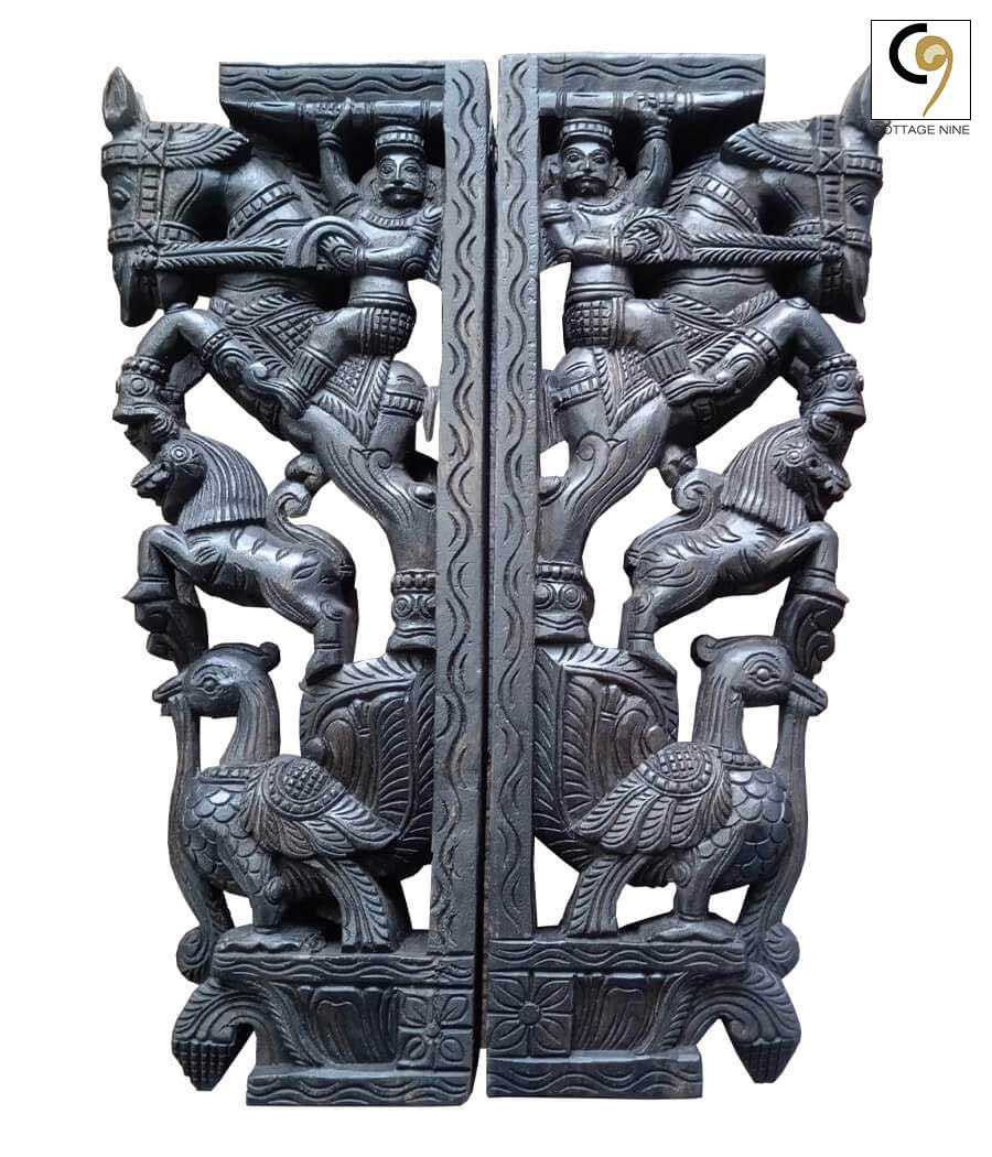 South Indian Wood Carvings of Warriors on Horses with Mythical Birds