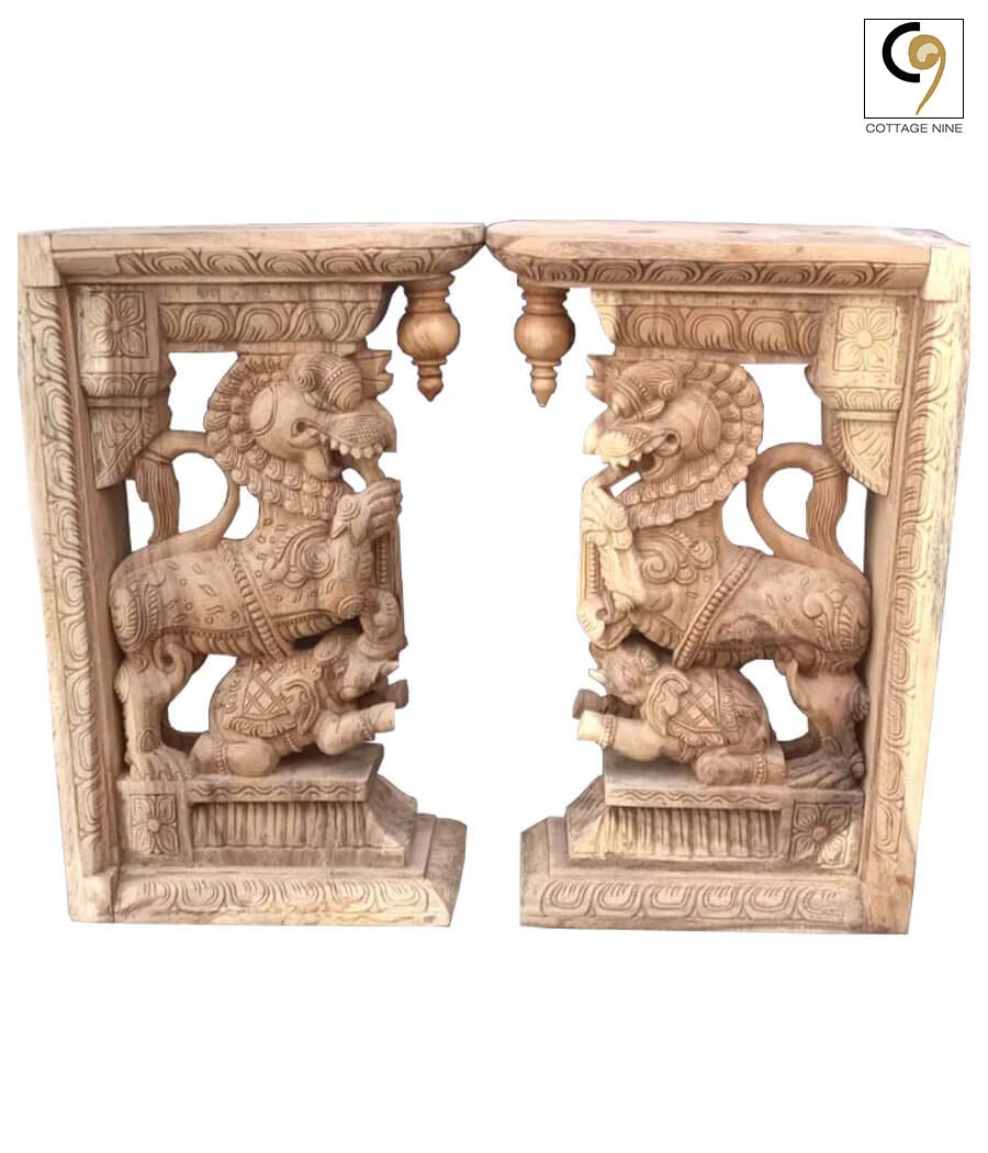 Wood Carvings of a Pair of Wooden Yazhi (Yali) with Elephants | Cottage9