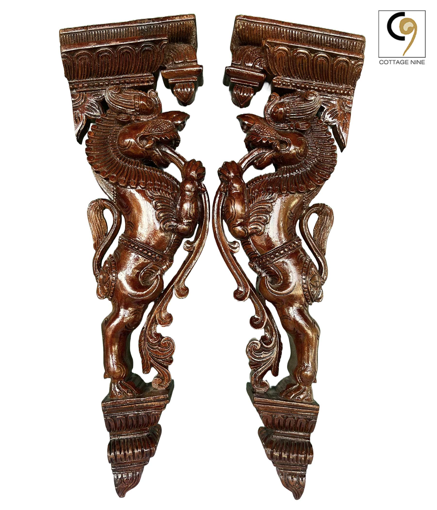 Bring Home A Burmese Teakwood Yazhi (Yali) Pair | Cottage9